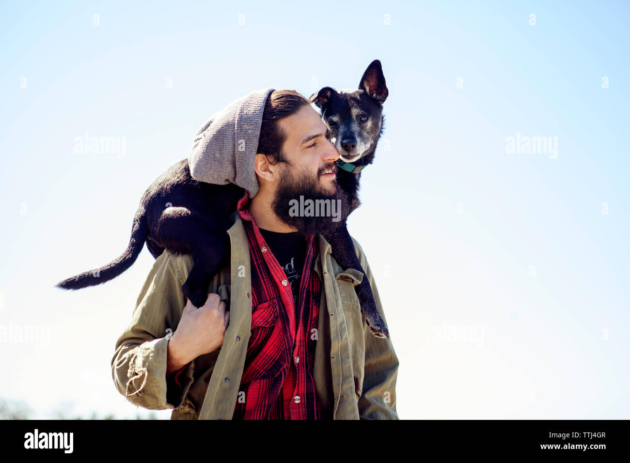 Thoughtful man carrying dog on shoulders while standing against clear ...