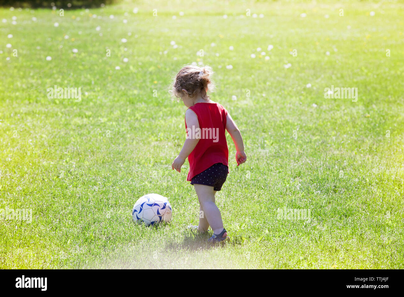Rear view of girl playing soccer on grassy field Stock Photo - Alamy