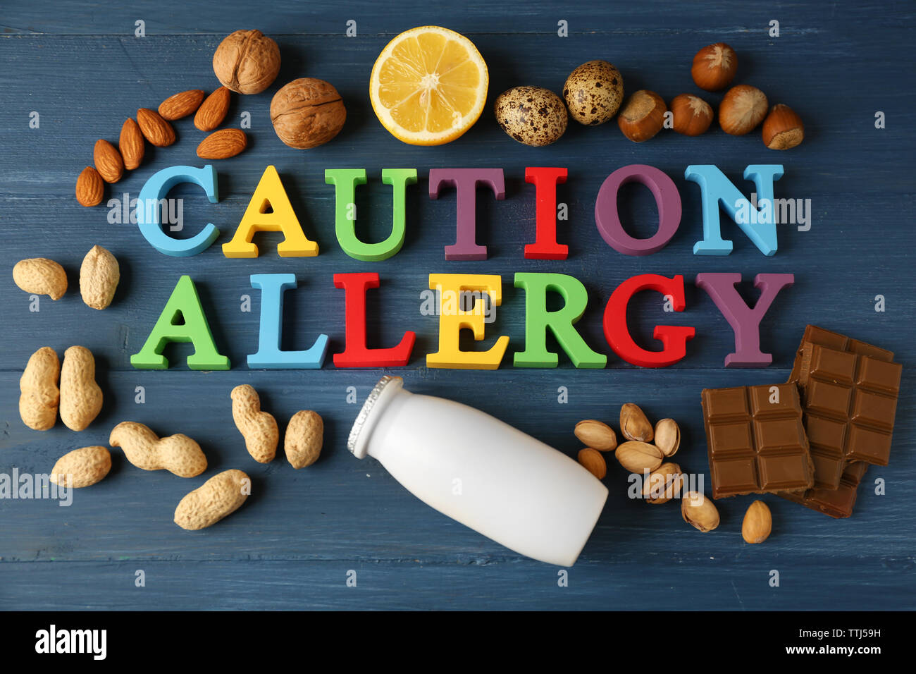 Allergy food concept. Allergic food on wooden background Stock Photo ...