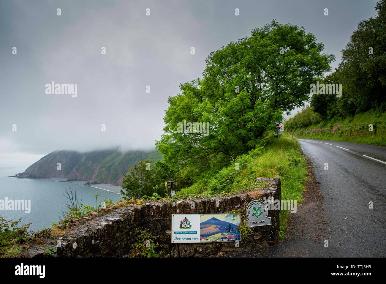 A National Trust sign for Foreland near Lynmouth on the A39 approaching ...