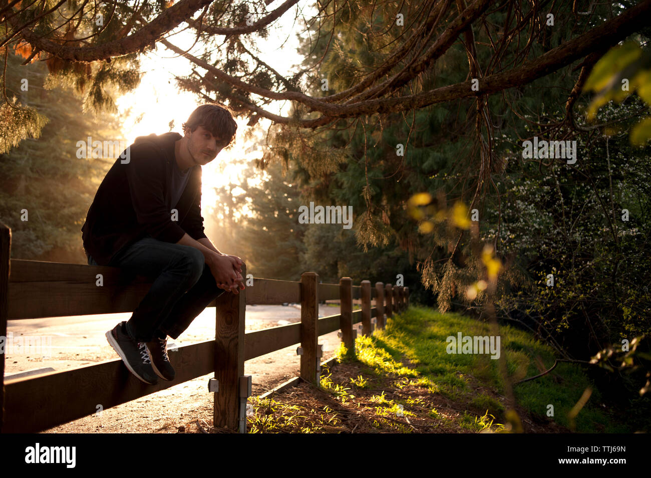 Portrait of man sitting on railing during sunset Stock Photo - Alamy
