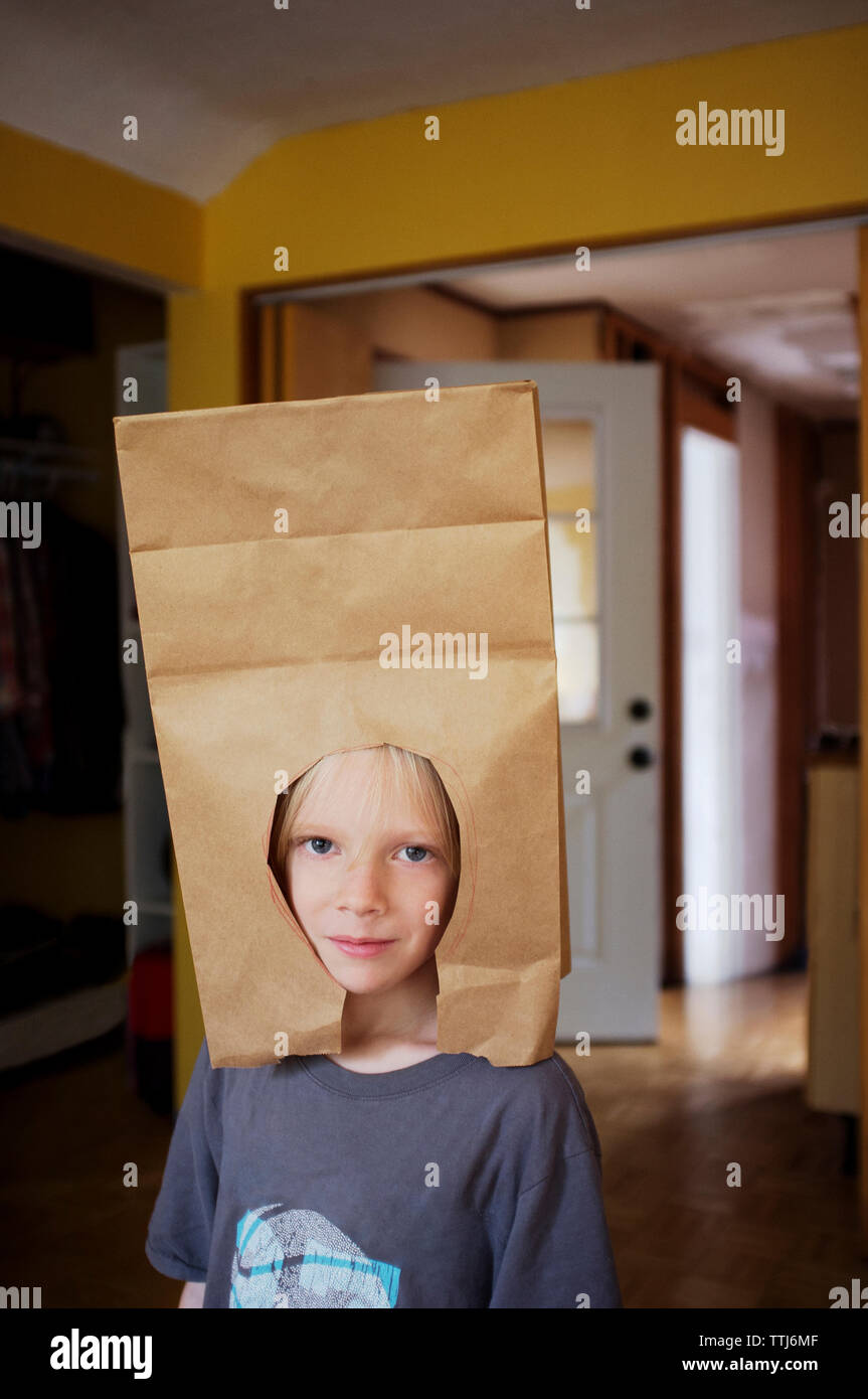 Portrait of boy wearing paper bag at home Stock Photo - Alamy