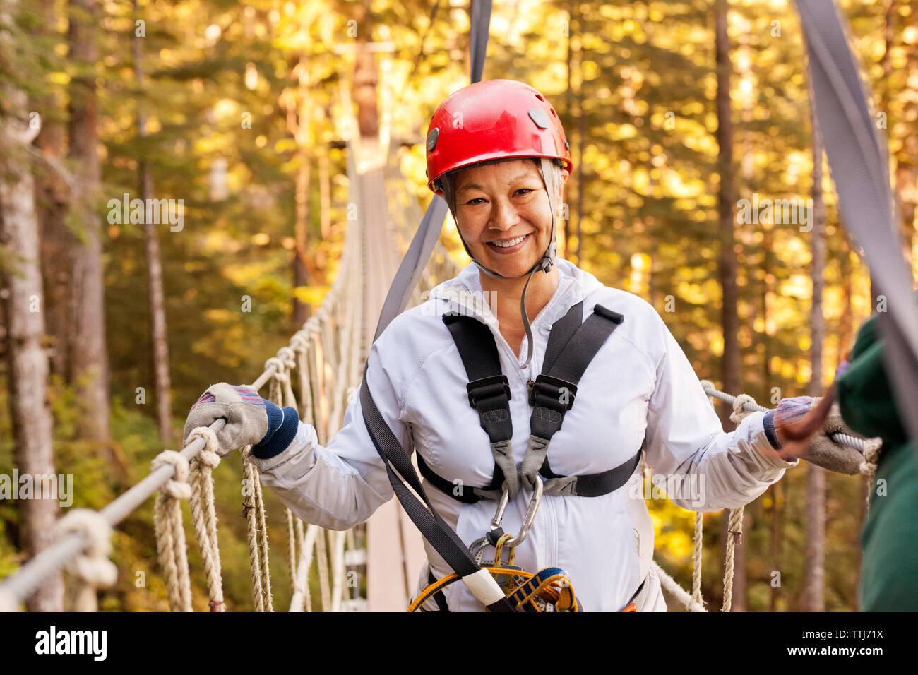 Portrait of woman wearing safety harness walking on rope bridge Stock ...