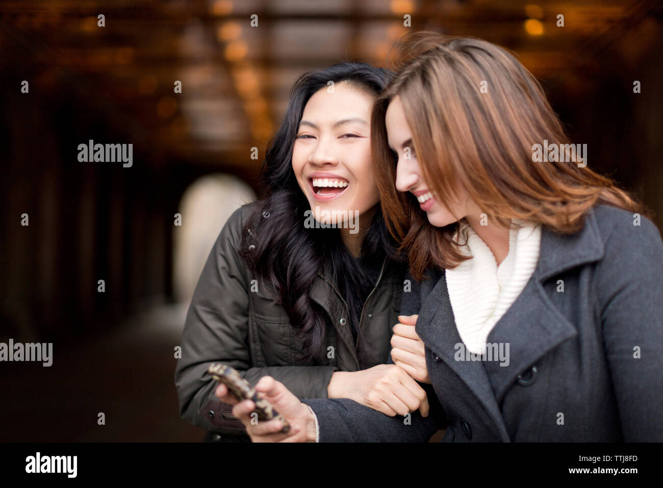 Cheerful friends laughing while standing outdoors Stock Photo - Alamy