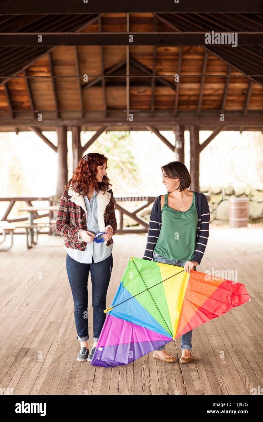Friends with kite talking while standing on floorboard in gazebo Stock ...