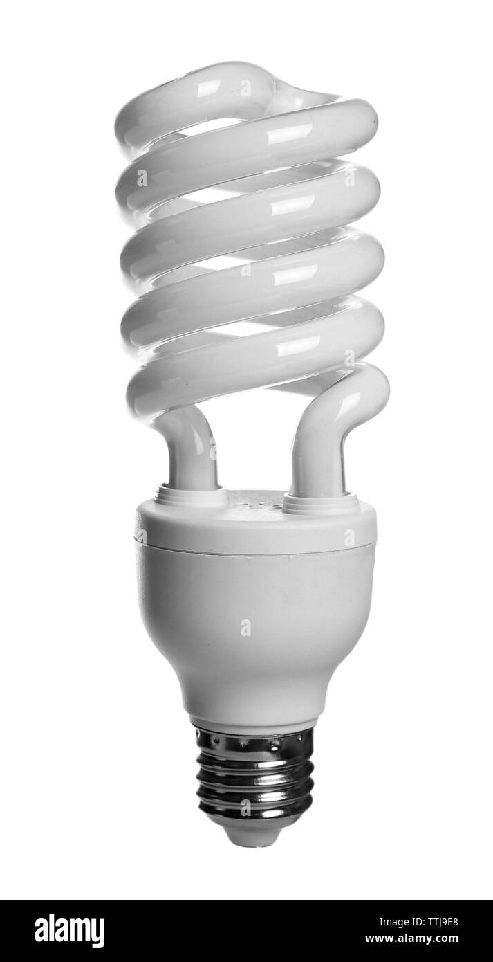 Spiral energy saving light bulb on white background Stock Photo - Alamy