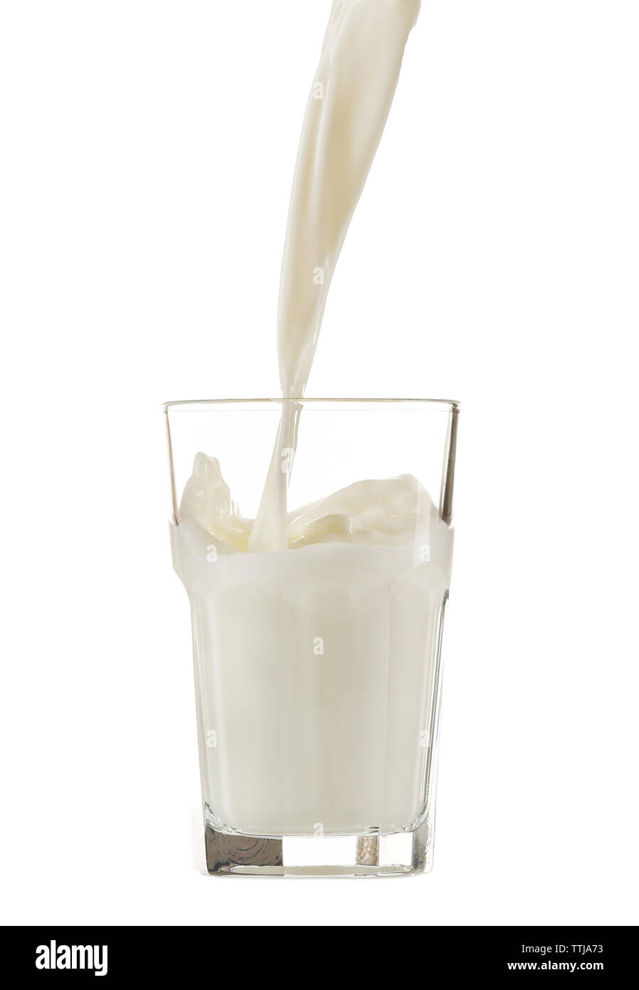 Fresh milk pouring into glass isolated on white Stock Photo - Alamy
