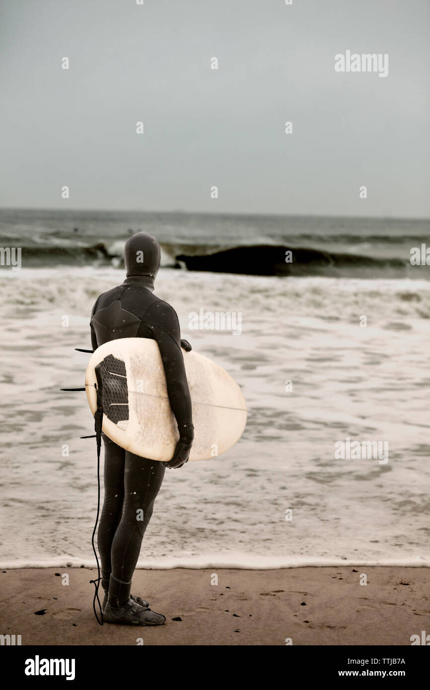 Rear view of man carrying surfboard while standing at beach Stock Photo ...