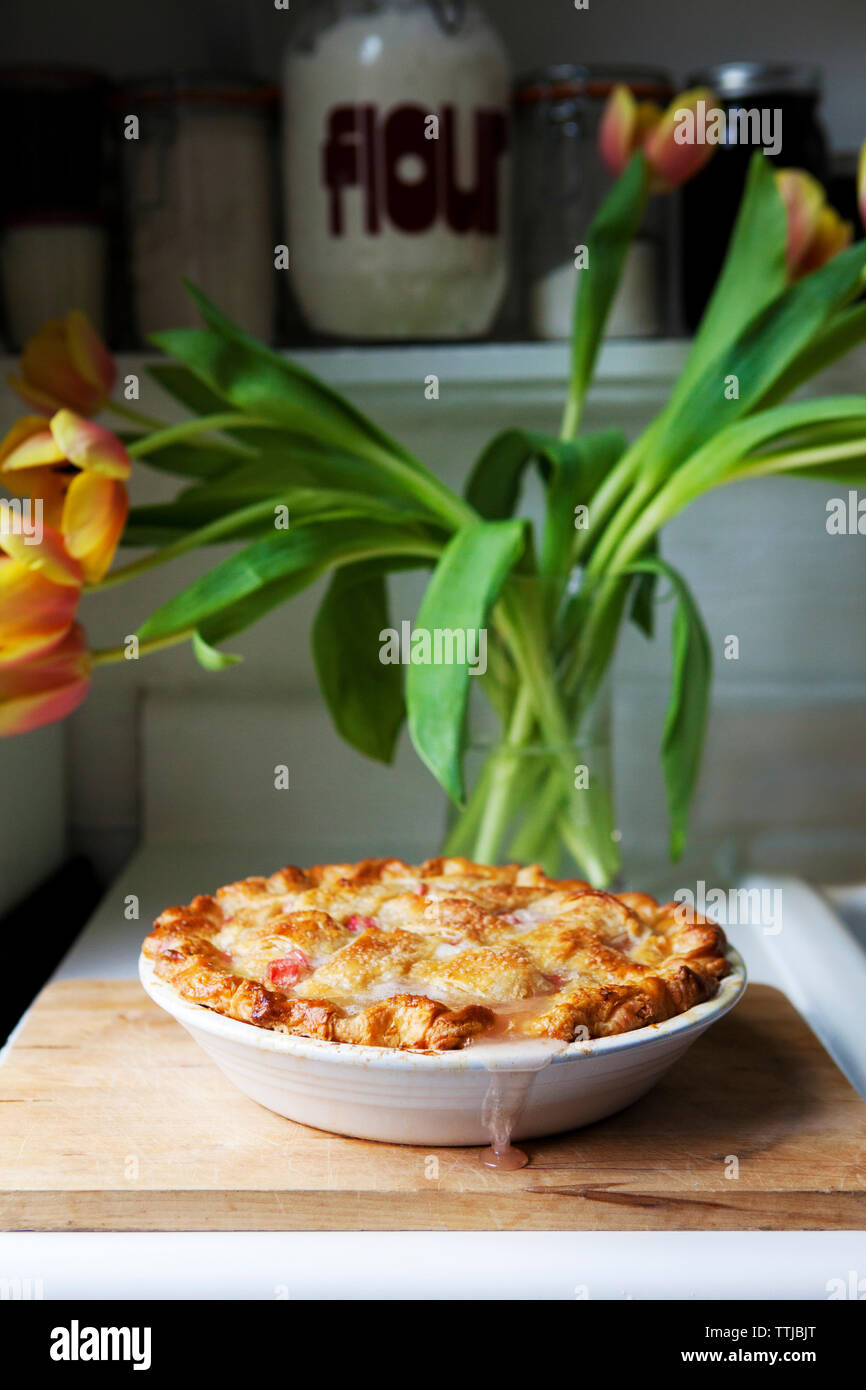 Baked pie on wooden tray Stock Photo - Alamy