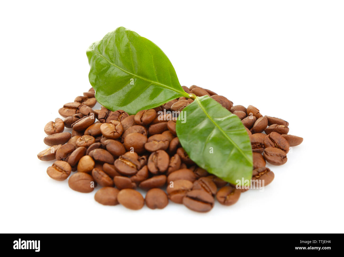 Coffee beans and green leaves, isolated on white Stock Photo - Alamy