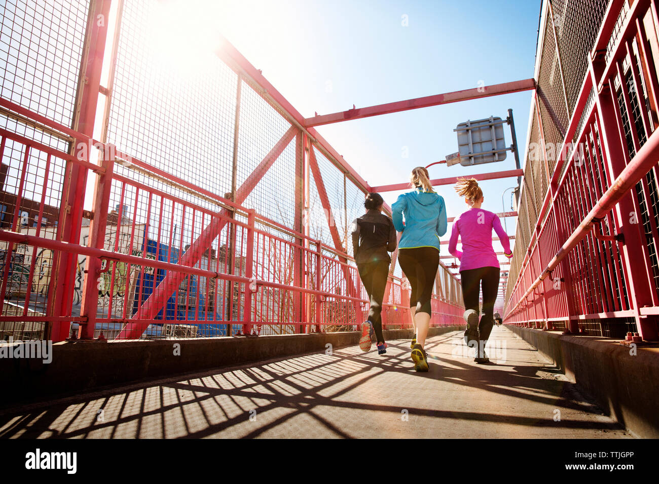 Rear view of female athletes jogging on pedestrian walkway against ...