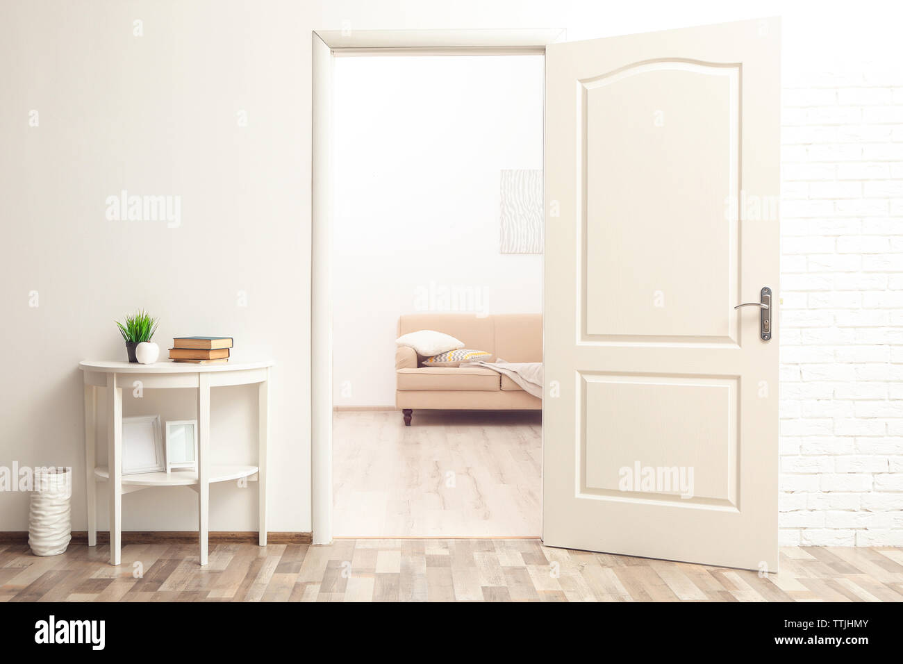 Room design interior with open door Stock Photo - Alamy