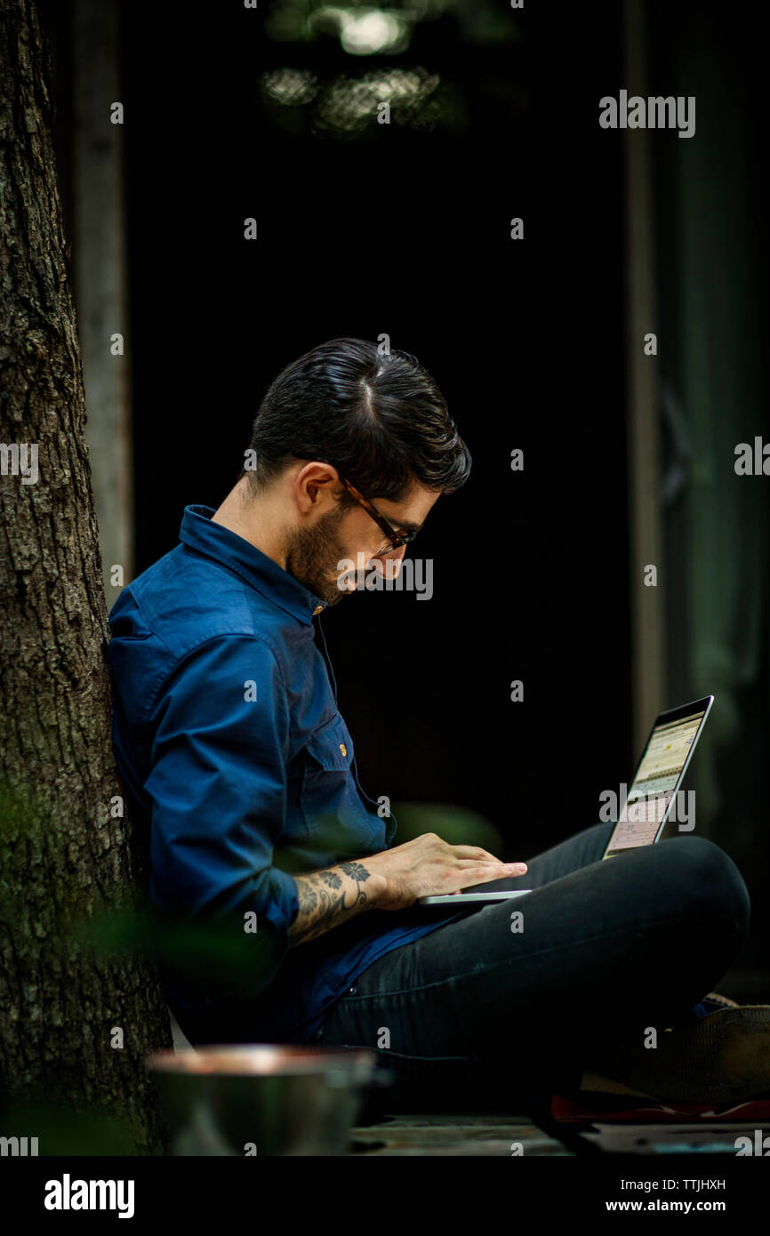 Man sitting by tree using laptop hi-res stock photography and images ...
