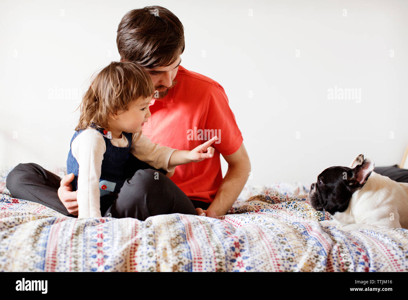Girl pointing at dog while sitting with father on bed Stock Photo - Alamy