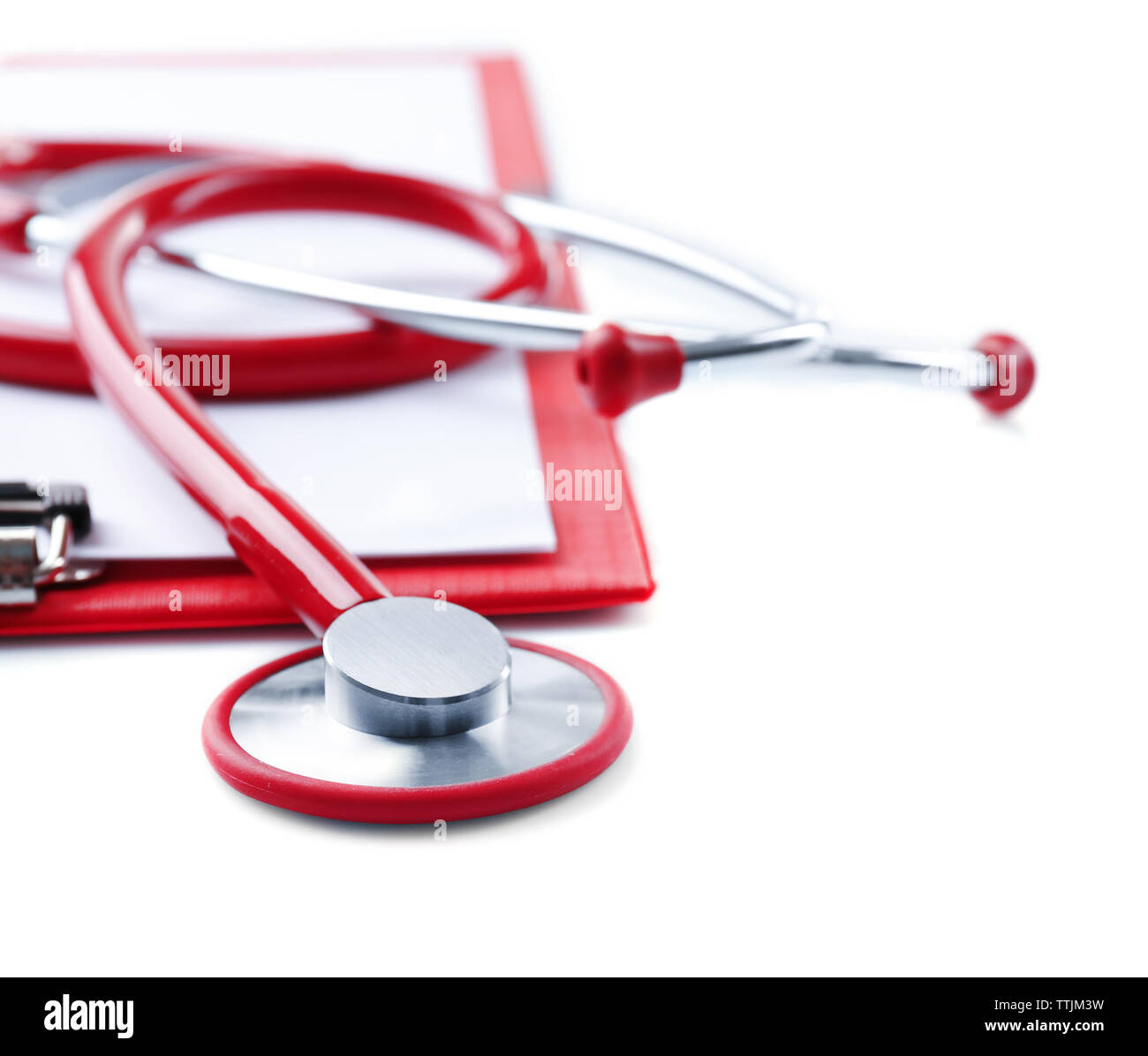 Red stethoscope and prescription isolated on white Stock Photo - Alamy