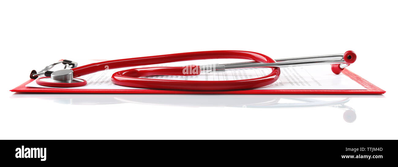 Red stethoscope and prescription isolated on white Stock Photo - Alamy
