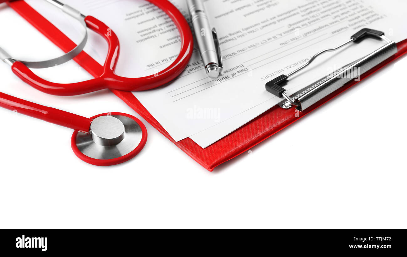 Red stethoscope and prescription on white background Stock Photo - Alamy