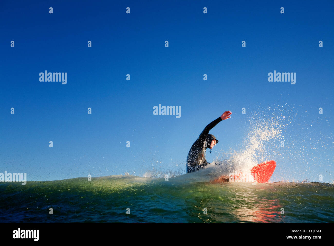 Man surfing on wave against clear blue sky Stock Photo - Alamy