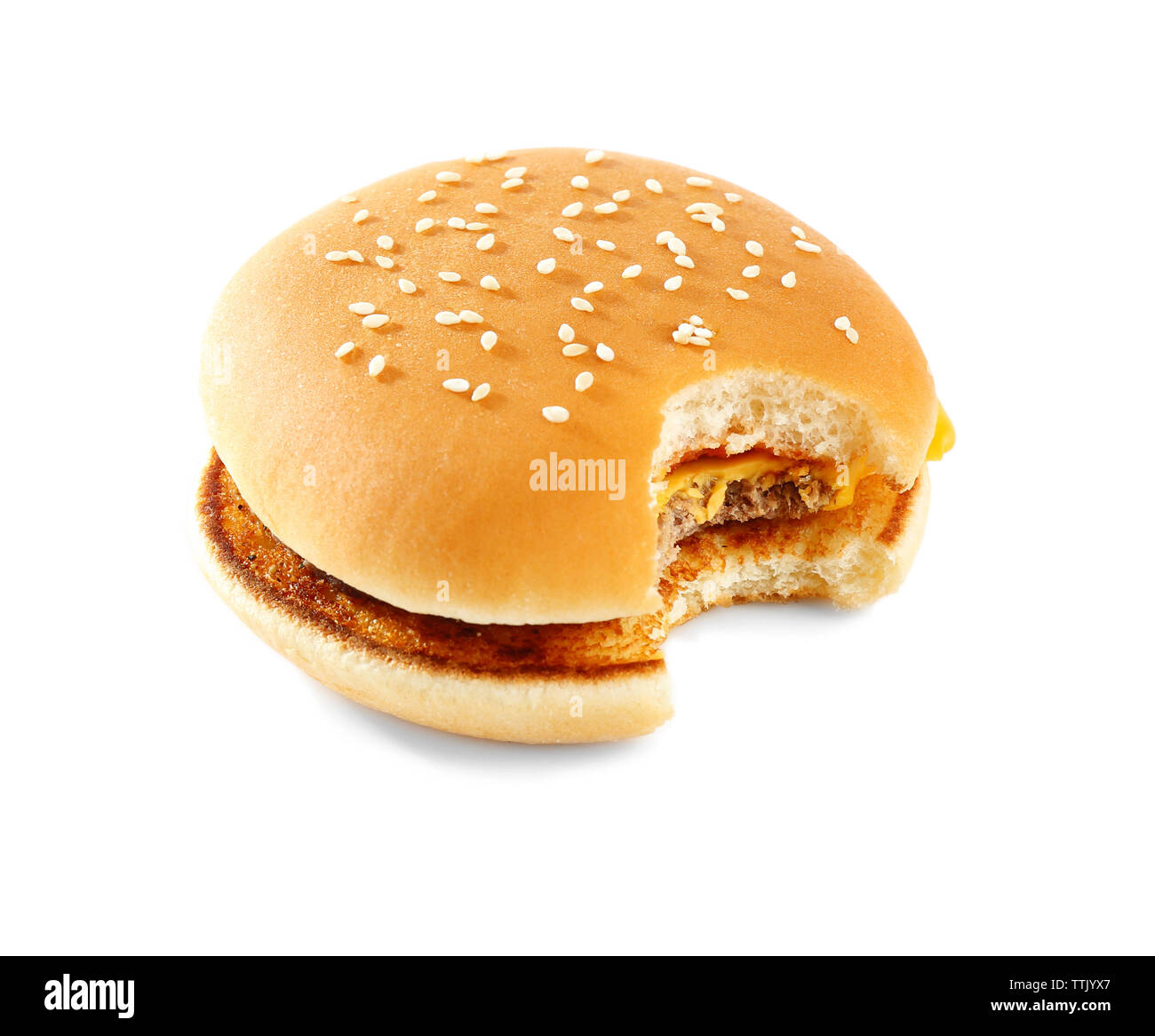 Bitten cheeseburger, isolated on white Stock Photo - Alamy