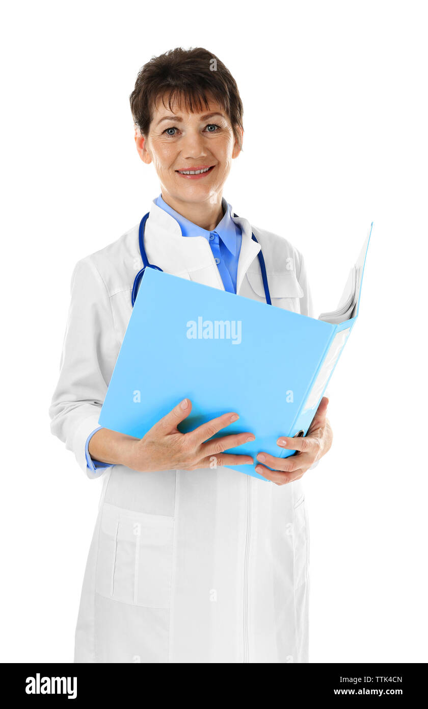 Professional doctor with paper folder, isolated on white Stock Photo ...