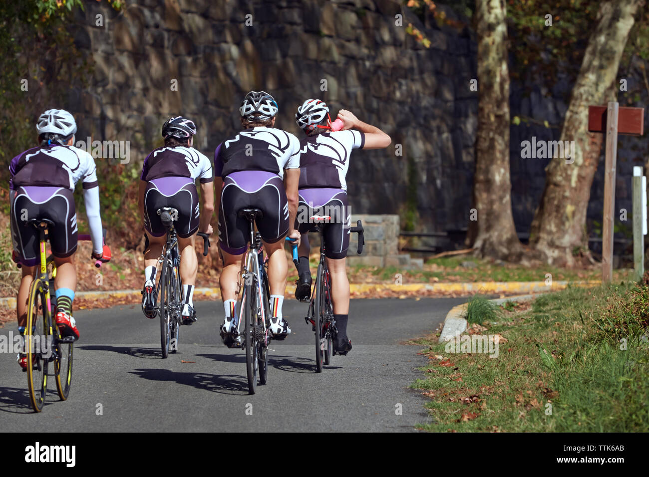 Rear view of male athletes riding bicycles on road Stock Photo - Alamy