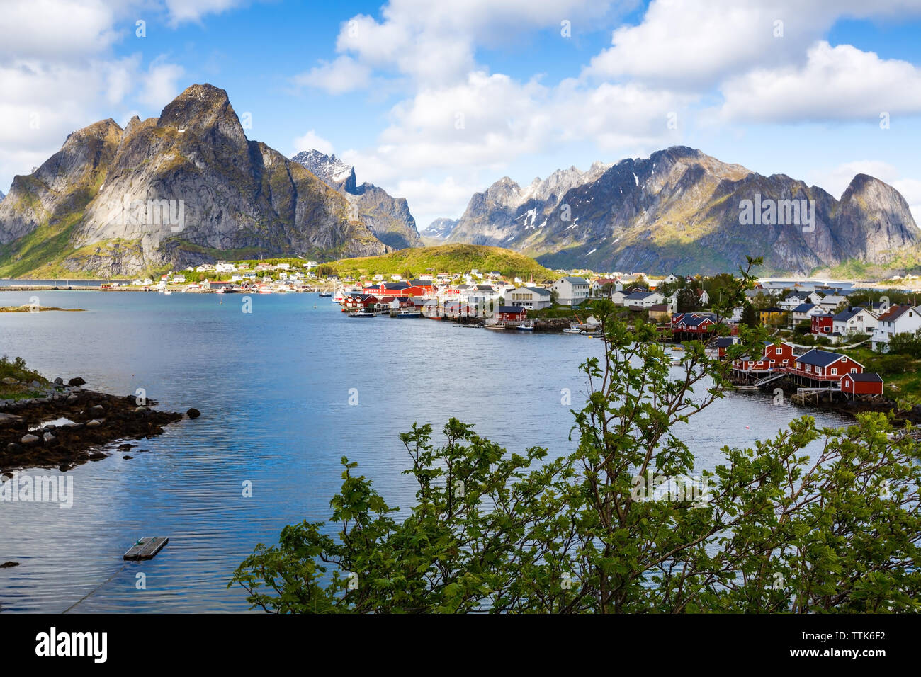 Top view of the fishing village Reine with typical rorbu houses in ...