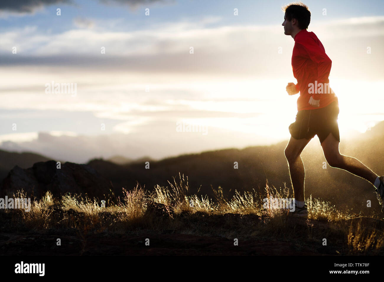 Side view of male athlete running on grass field during sunset Stock ...