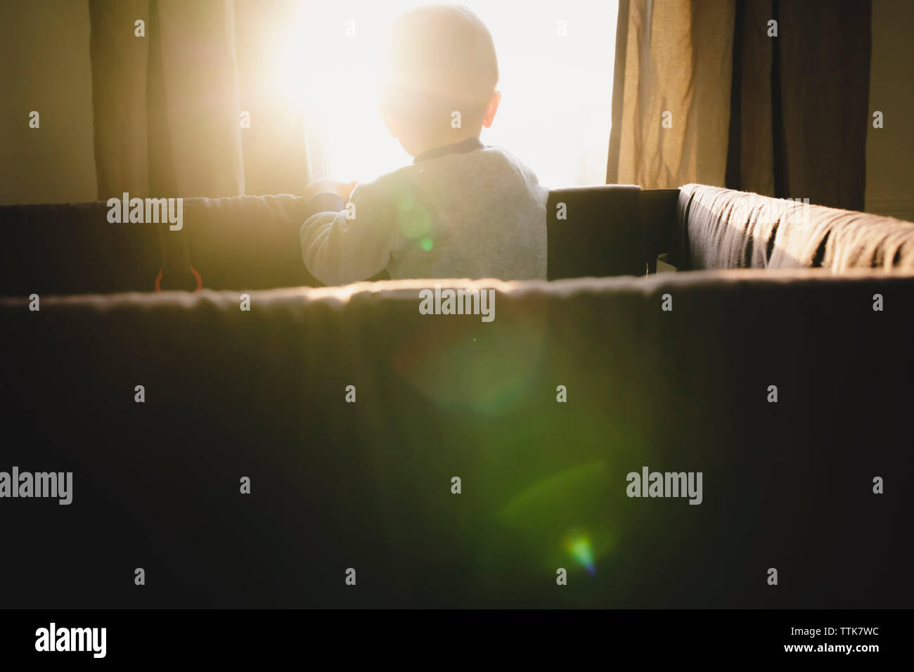 Rear view of baby boy in crib at home by window Stock Photo - Alamy