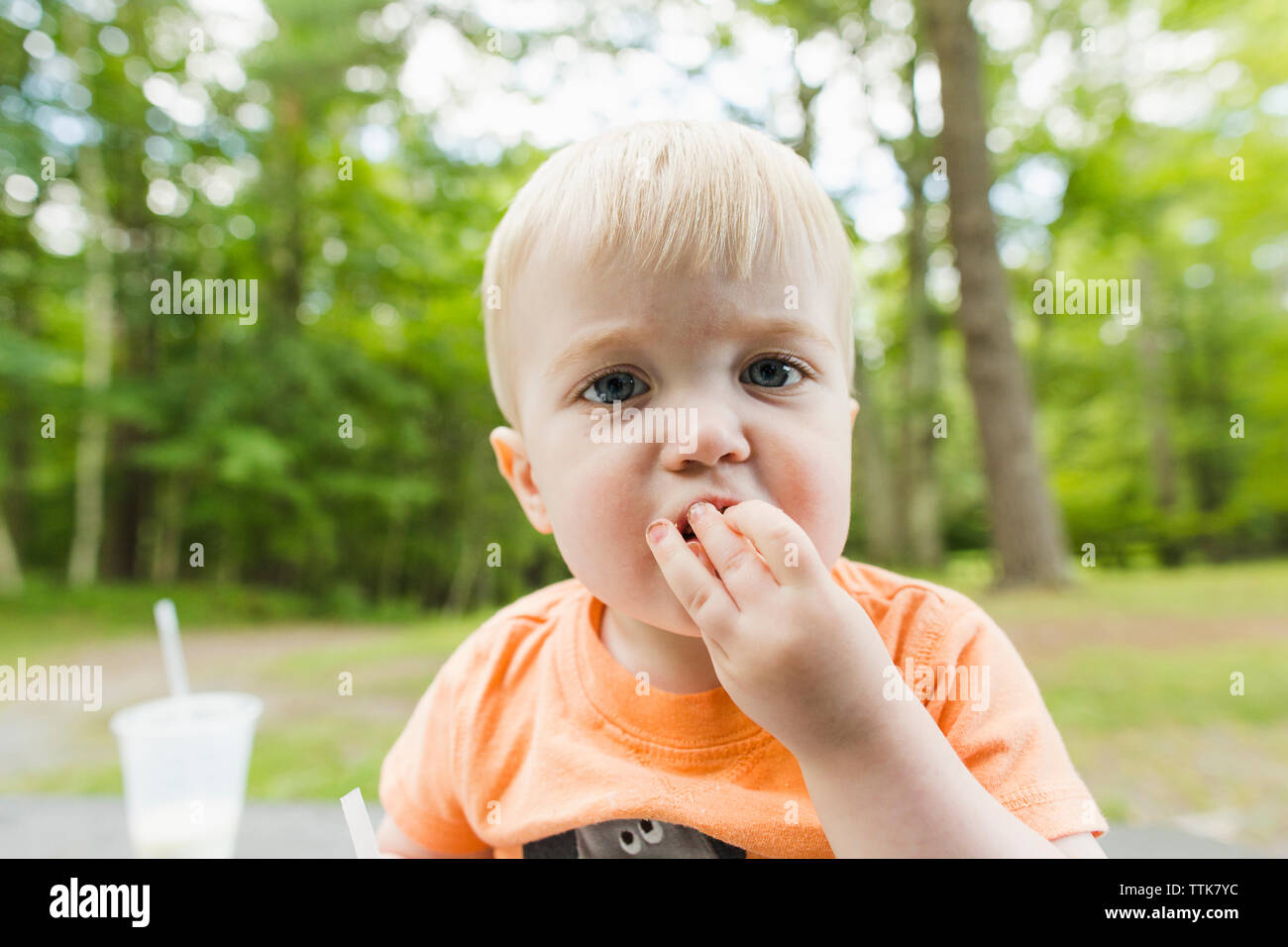 Portrait of cute baby boy eating snacks in park Stock Photo - Alamy