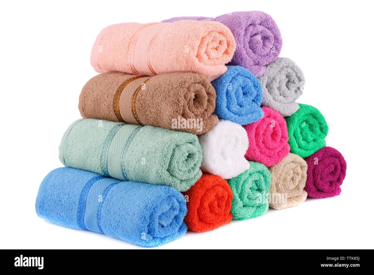 Colorful rolled towels stack isolated on white background Stock Photo ...