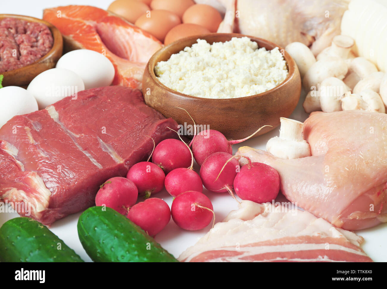 Products containing proteins and fats, close up Stock Photo - Alamy