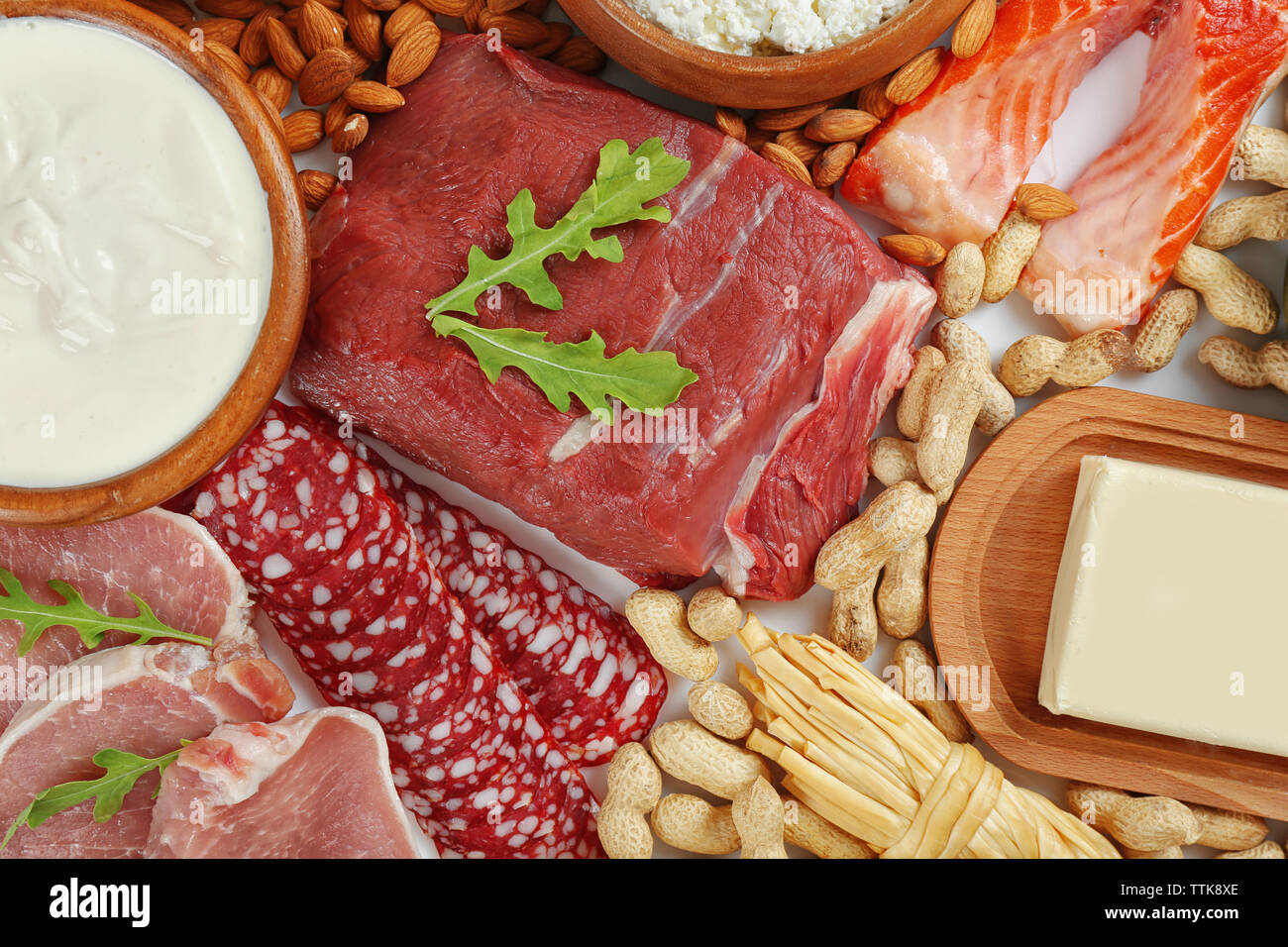 Products containing proteins and fats, close up Stock Photo - Alamy