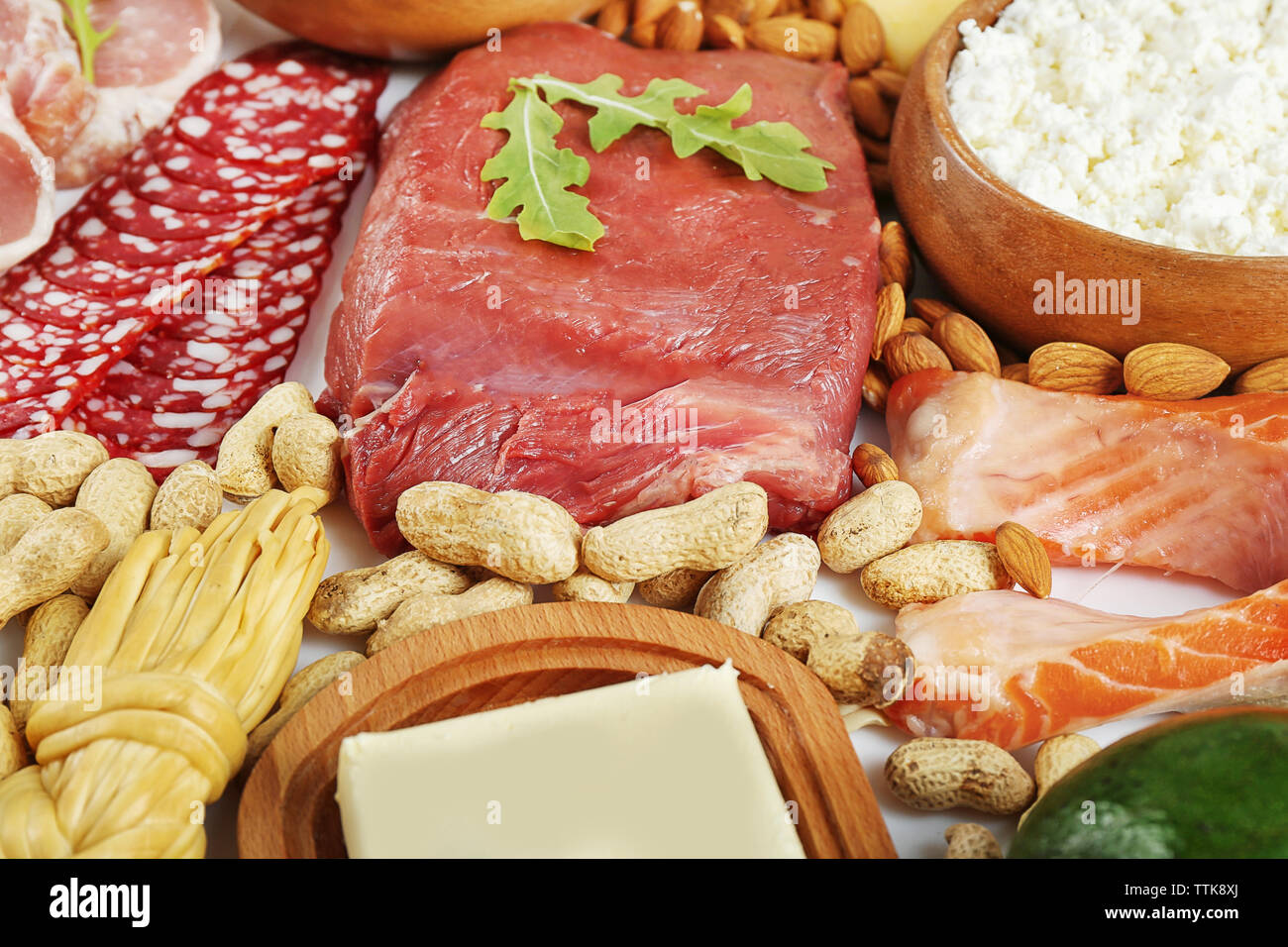 Products containing proteins and fats, close up Stock Photo - Alamy