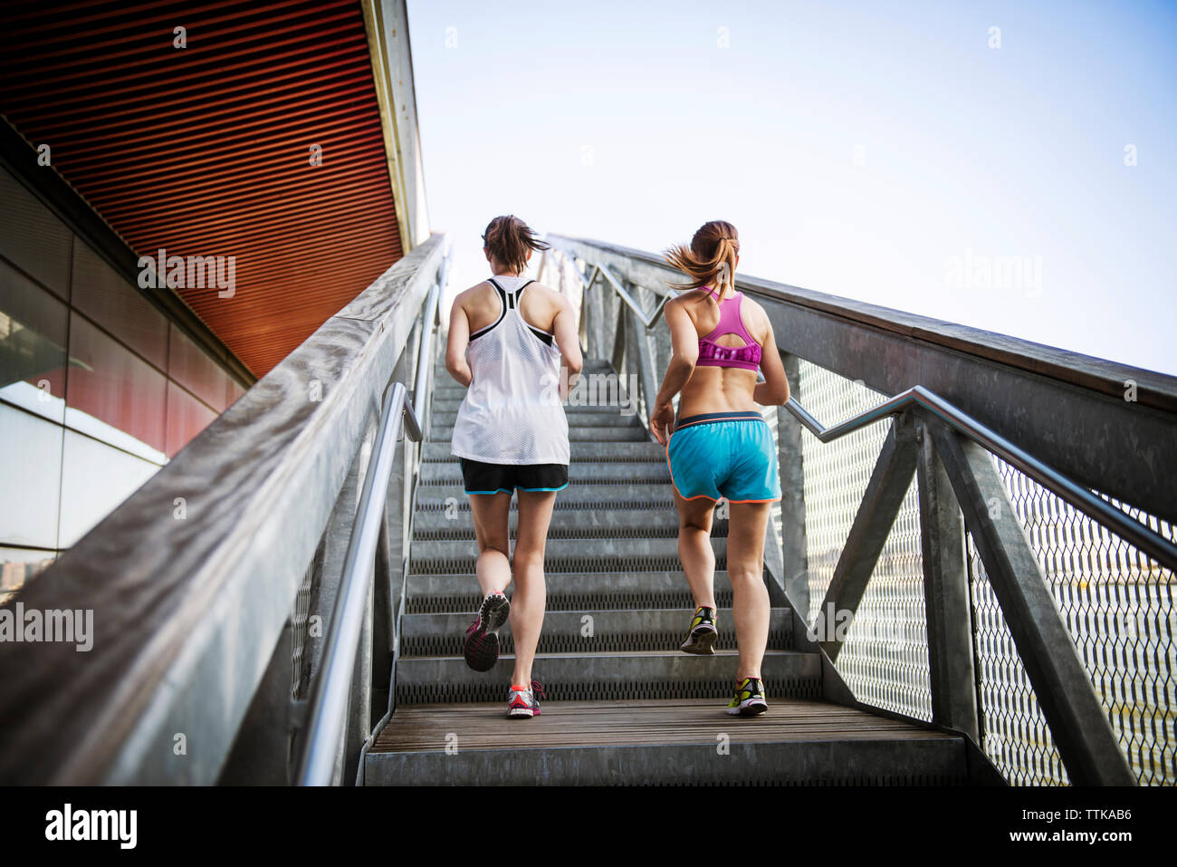 Rear view of women jogging on steps and staircases against clear sky ...