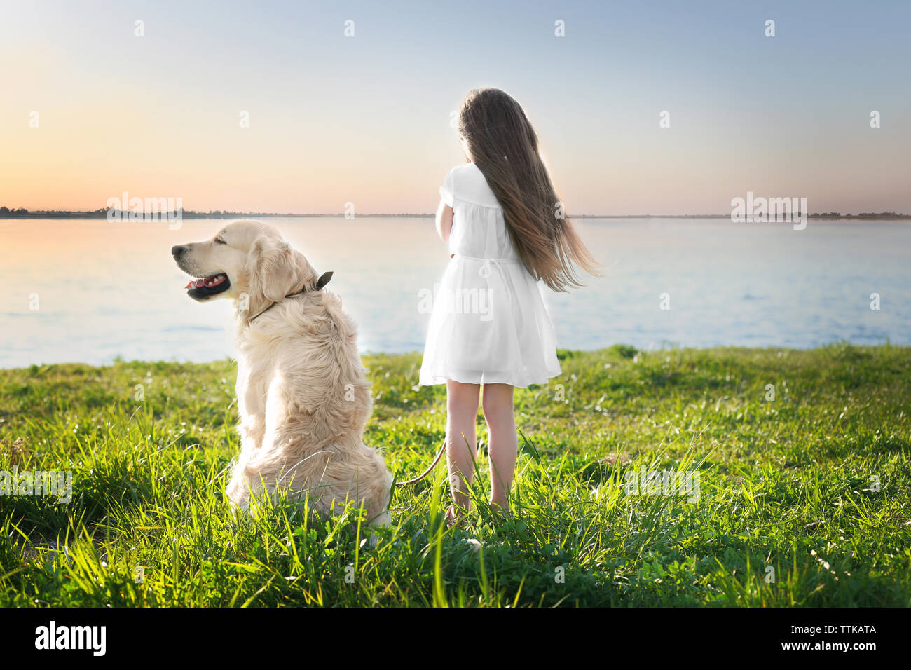 Little girl and big kind dog on the riverside Stock Photo - Alamy