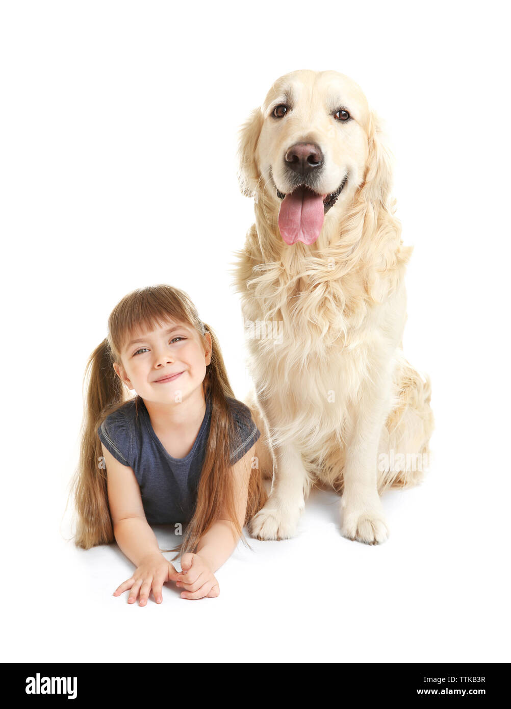 Little girl and big kind dog isolated on white Stock Photo - Alamy