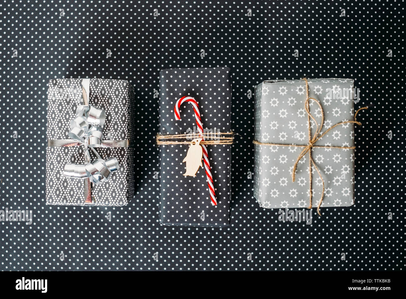 Overhead view of gift boxes on table Stock Photo - Alamy