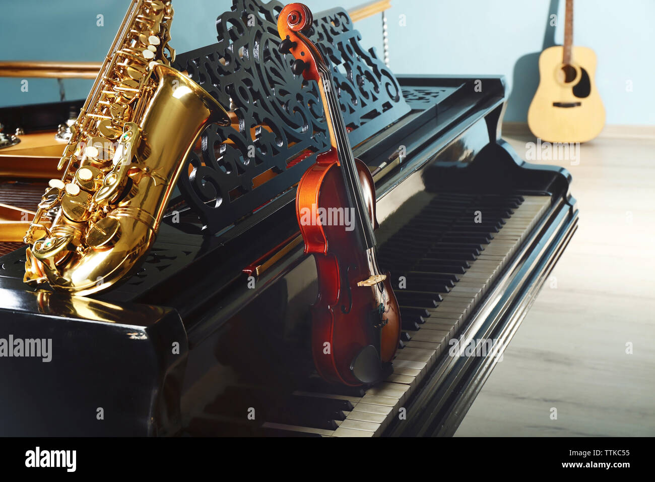 Musical instruments with piano, close up Stock Photo - Alamy