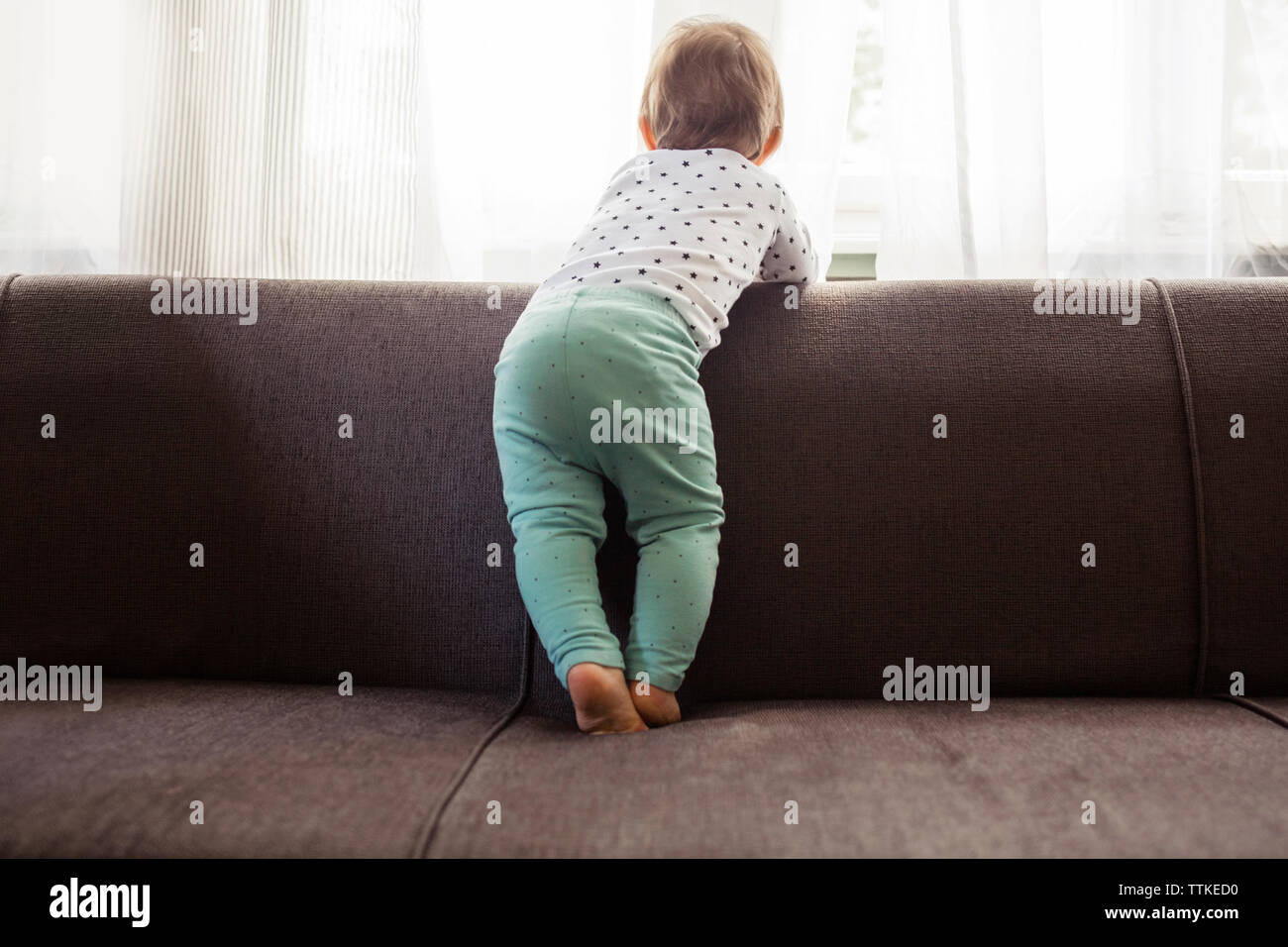 Rear view of baby girl looking through window while standing on sofa at ...