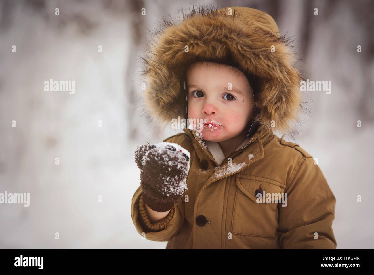 Portrait of cute boy eating snow while standing on field Stock Photo ...