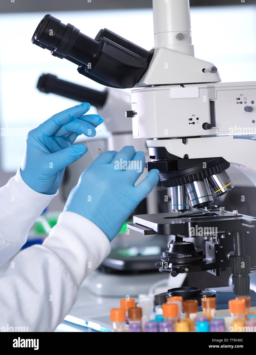 Cropped hands of male scientist holding microscope slide with blood by ...