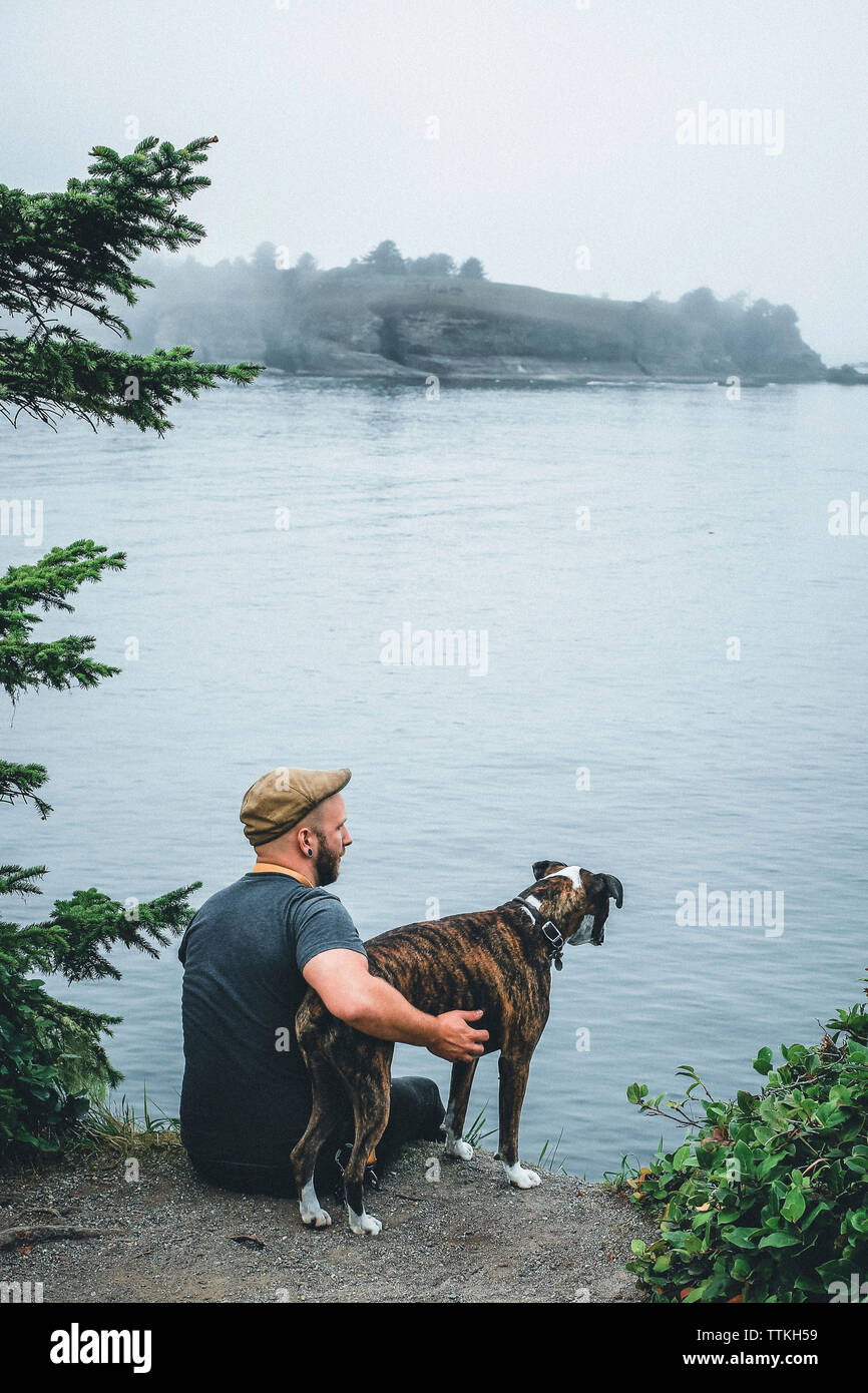 Rear view of man with dog sitting by lake Stock Photo - Alamy