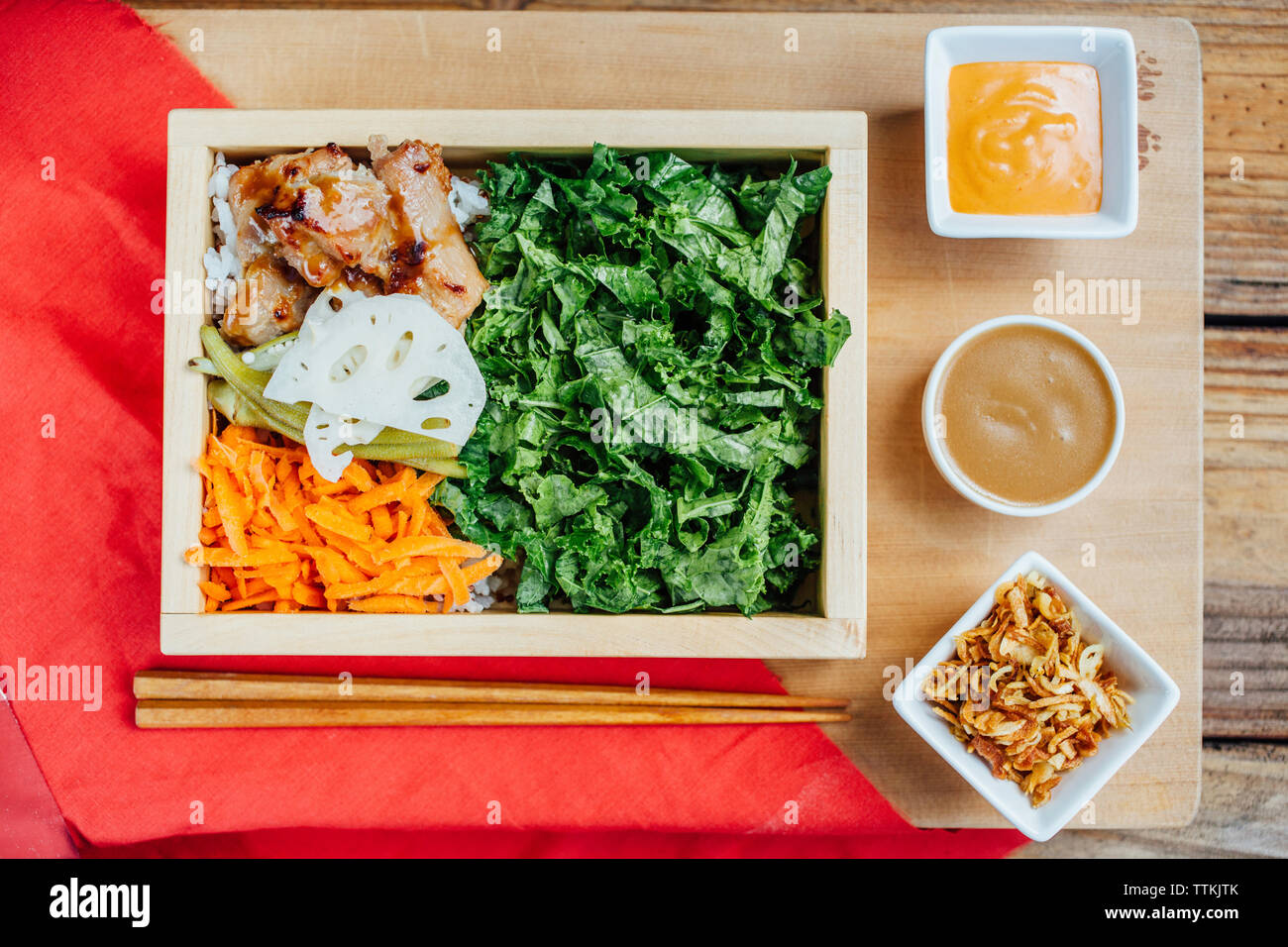 Overhead view of food served on table in commercial kitchen Stock Photo ...