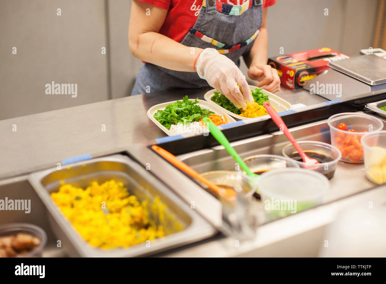 Midsection of female chef serving food in plate on kitchen counter at ...
