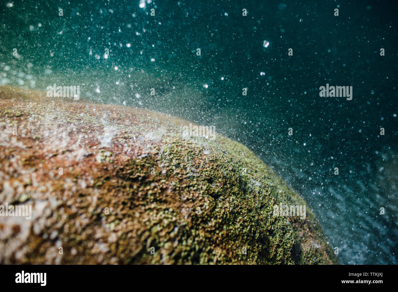 High angle view of water drops falling on mossy rock by river Stock ...