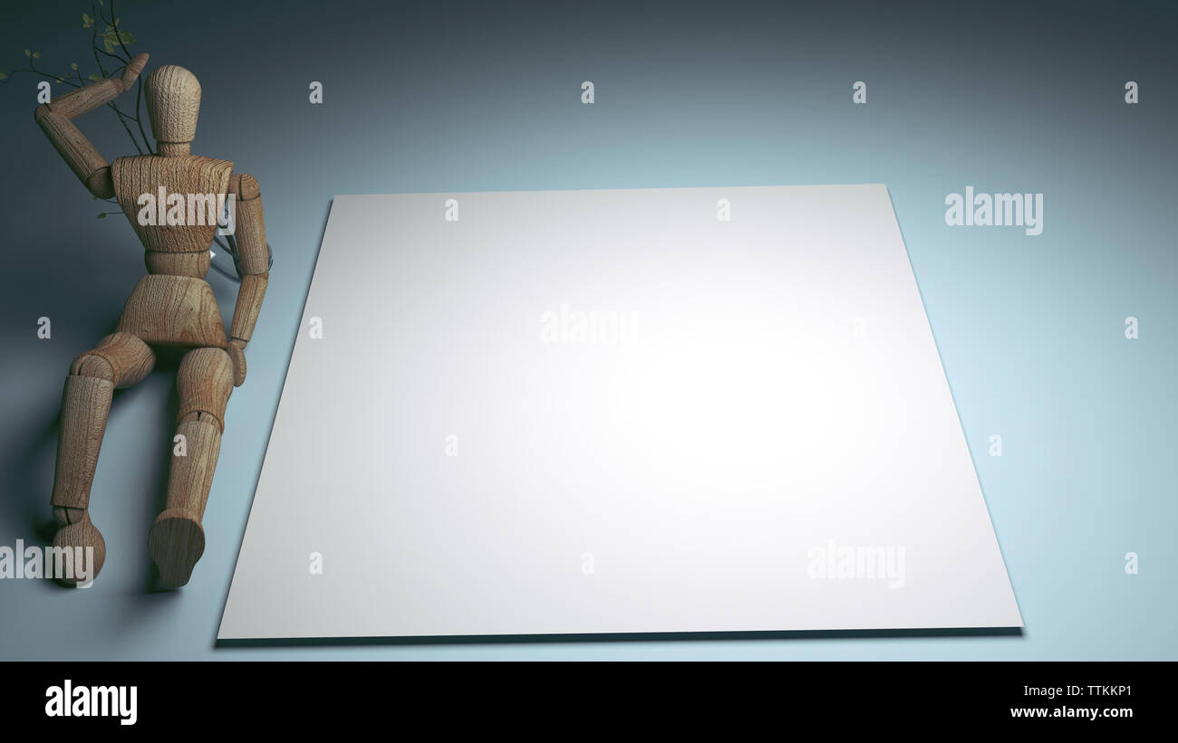 wooden dummy holding empty white blank card for your text. 3D rendering ...