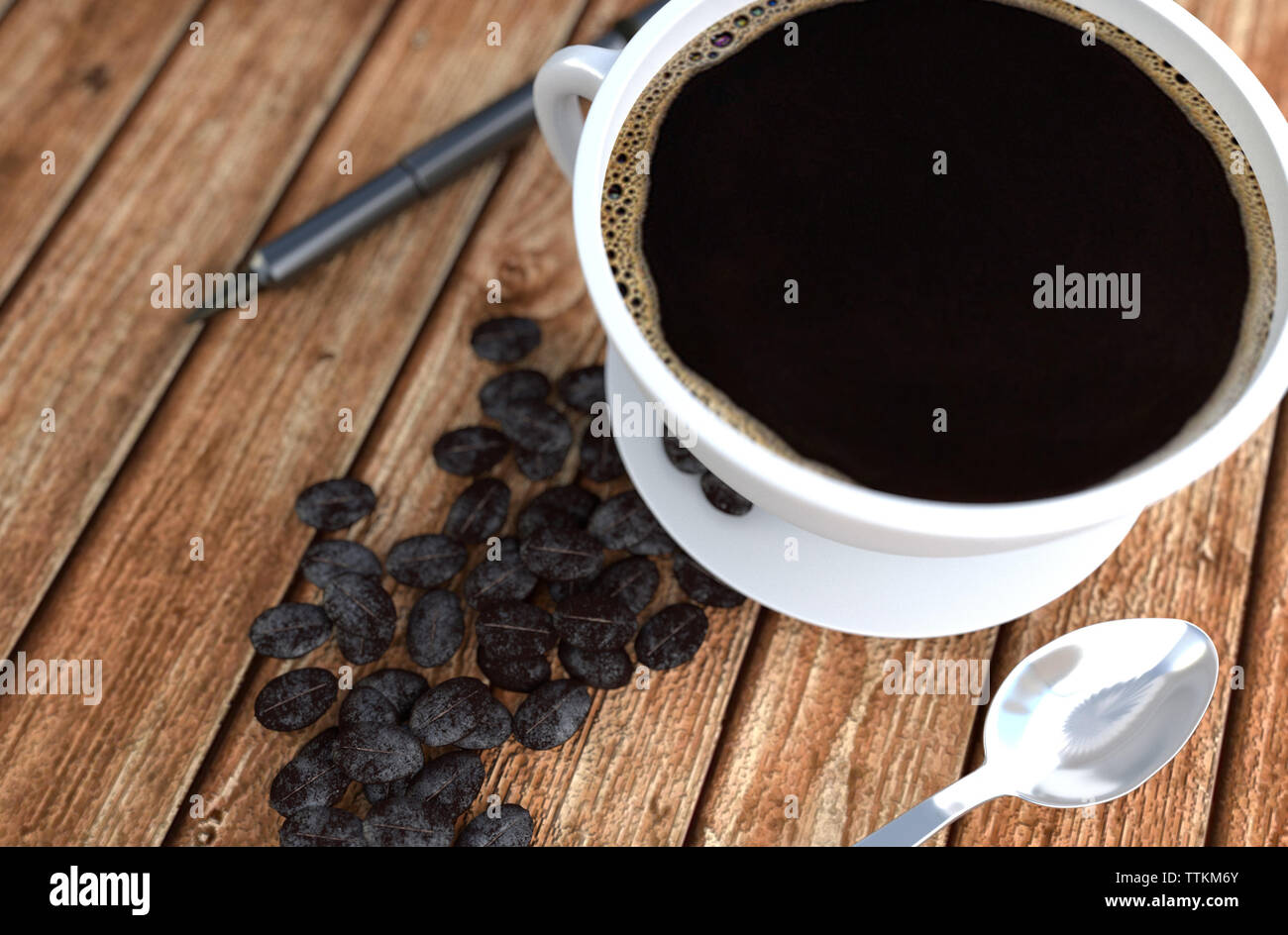 Coffee bean and coffee cup, pen and spoon on wooden table. 3D rendering ...