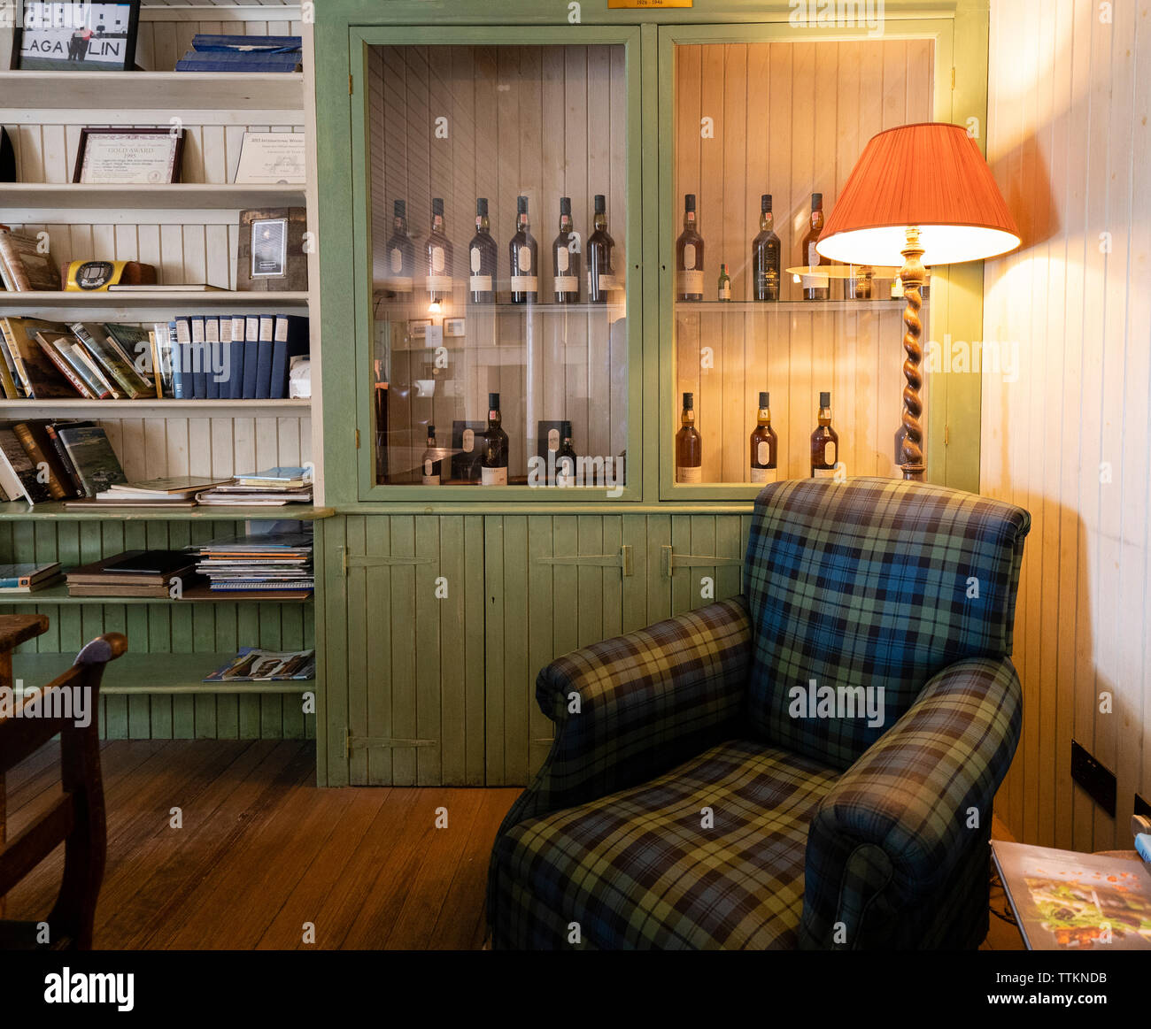 View of visitor centre interior at Lagavulin Distillery on island of ...