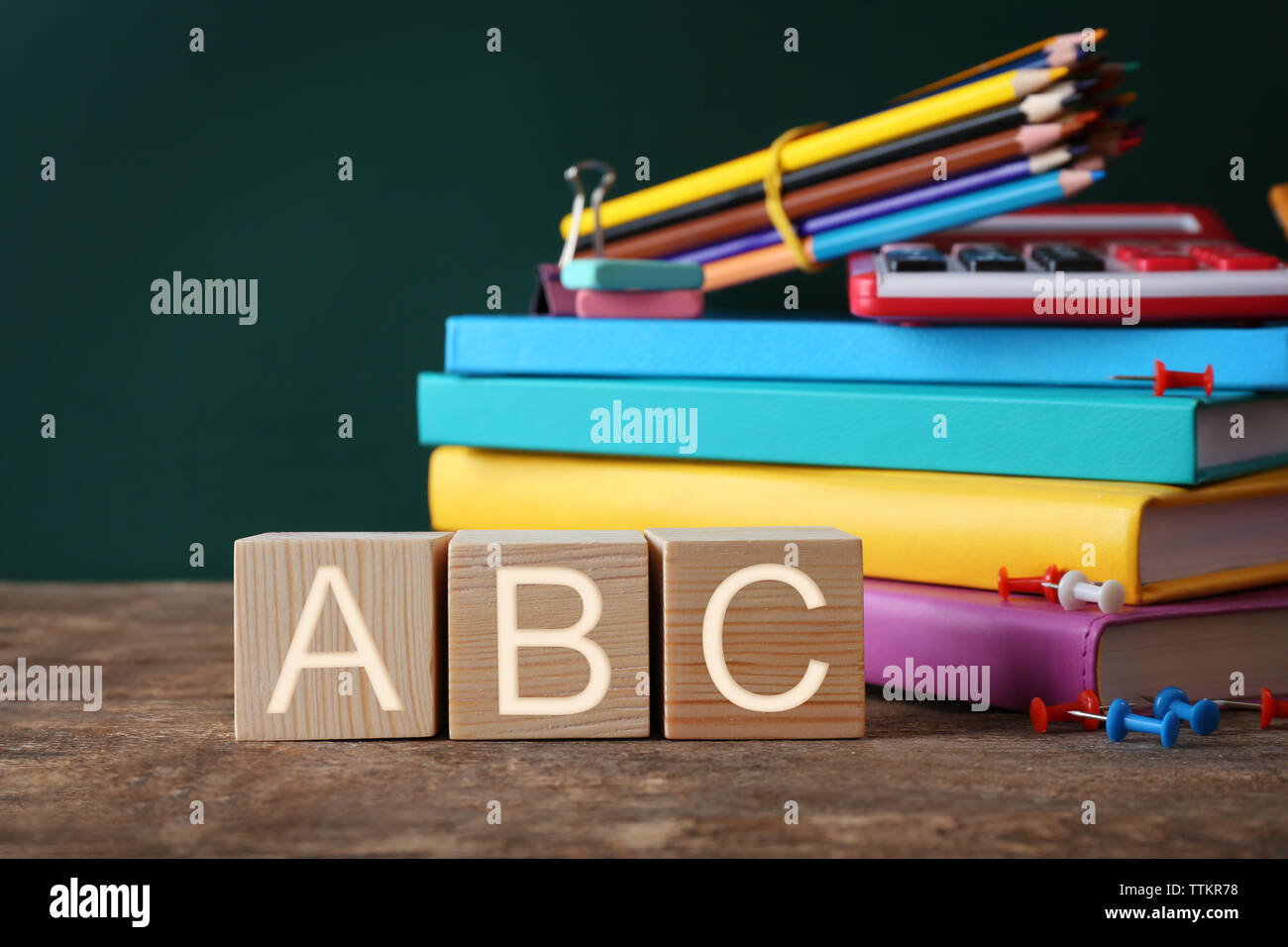 Colourful stationery and word ABC on the table Stock Photo - Alamy