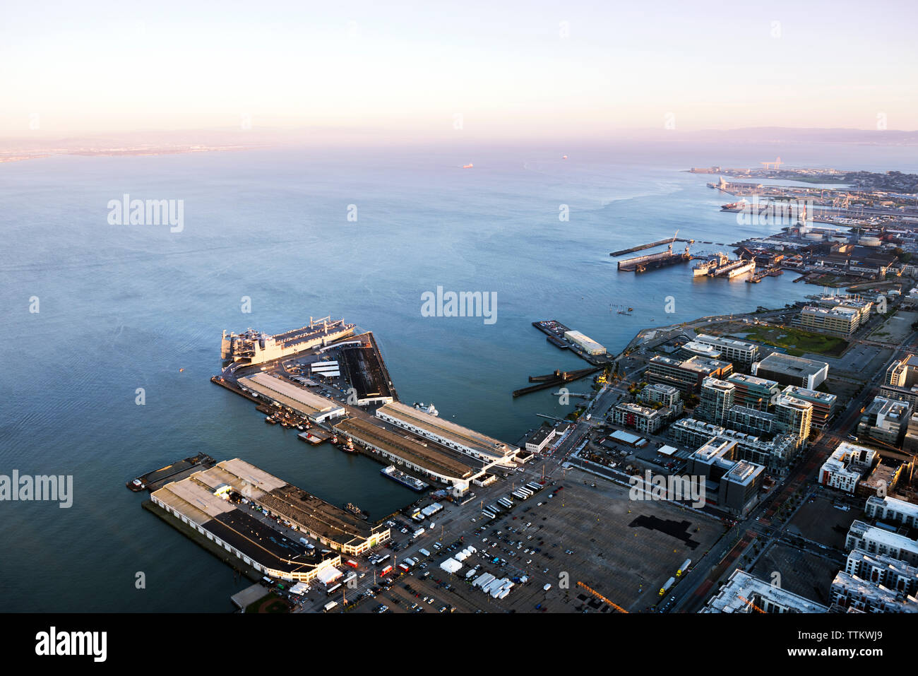 Aerial view of commercial dock and sea Stock Photo - Alamy